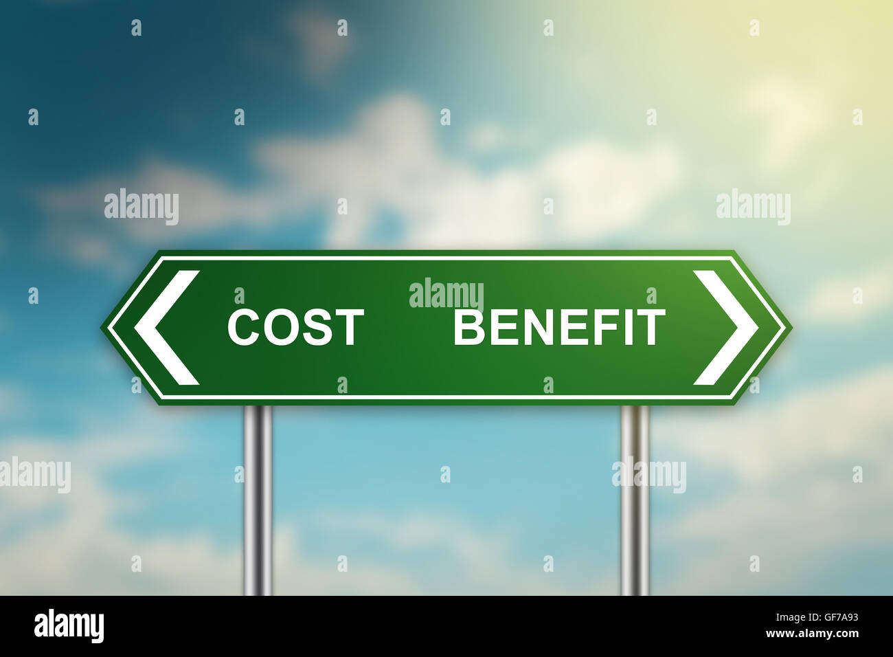 cost and benefit on green road sign with blurred blue sky, dark and ...