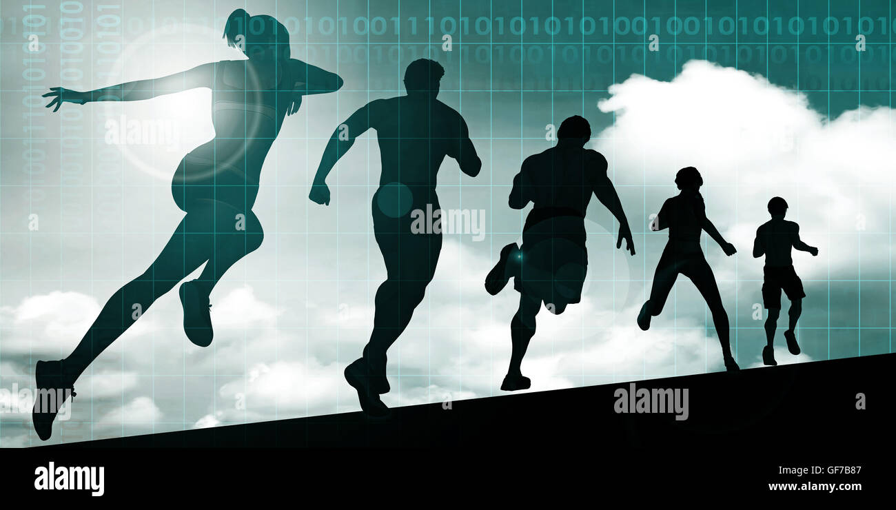 Sunset Silhouette of Men and Women Running Uphill Concept Stock Photo ...