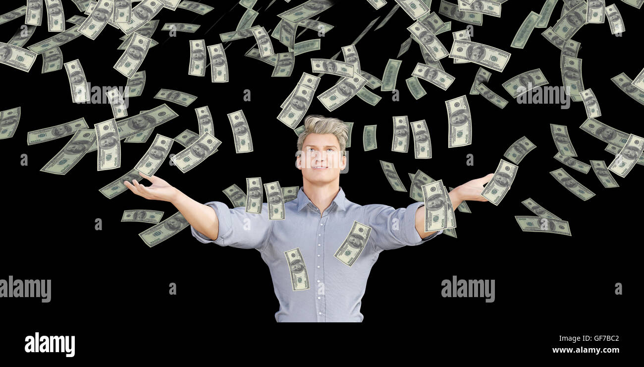 Man Catching Money Falling From the Sky in US Dollars Stock Photo - Alamy