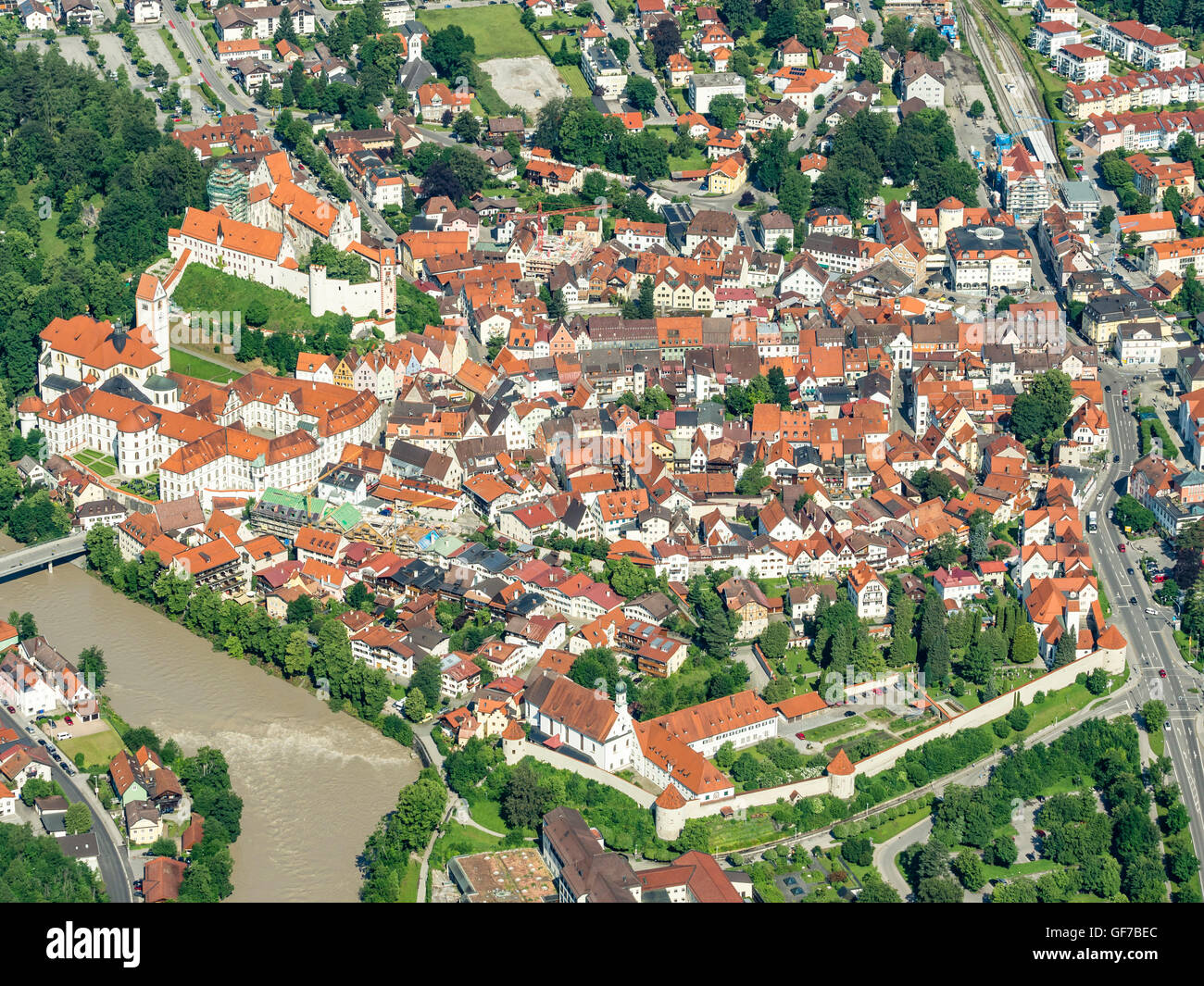 Aerial view of historic downtown of Füssen, castle and monasteries ...