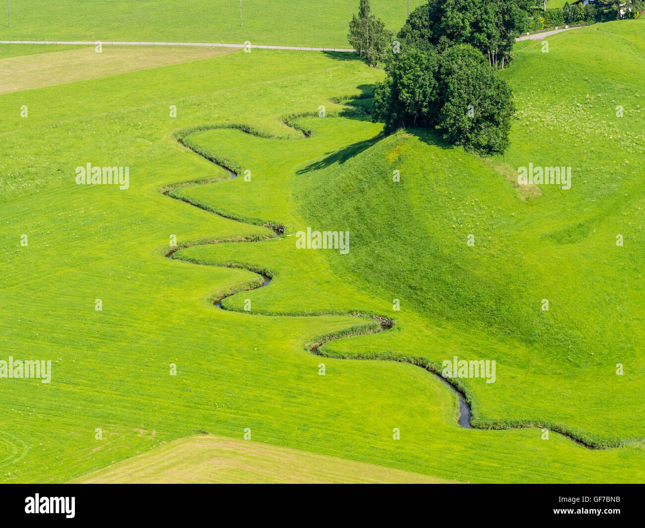 Aerial view, meander of small stream, meadows, slope of bavarian alps ...