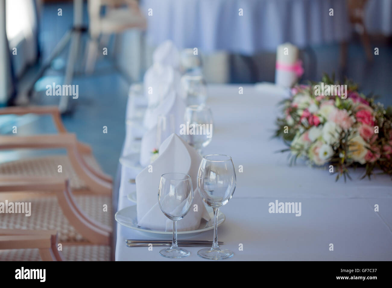 Wedding banquet, small restaurant in a Maritime style, round tables ...