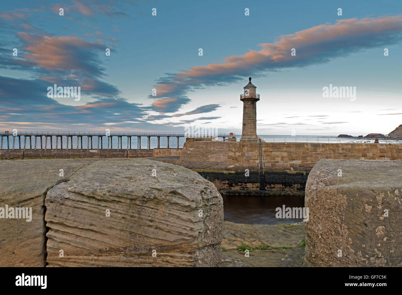 A light tower at the harbour entrance of Whitby, North Yorkshire ...
