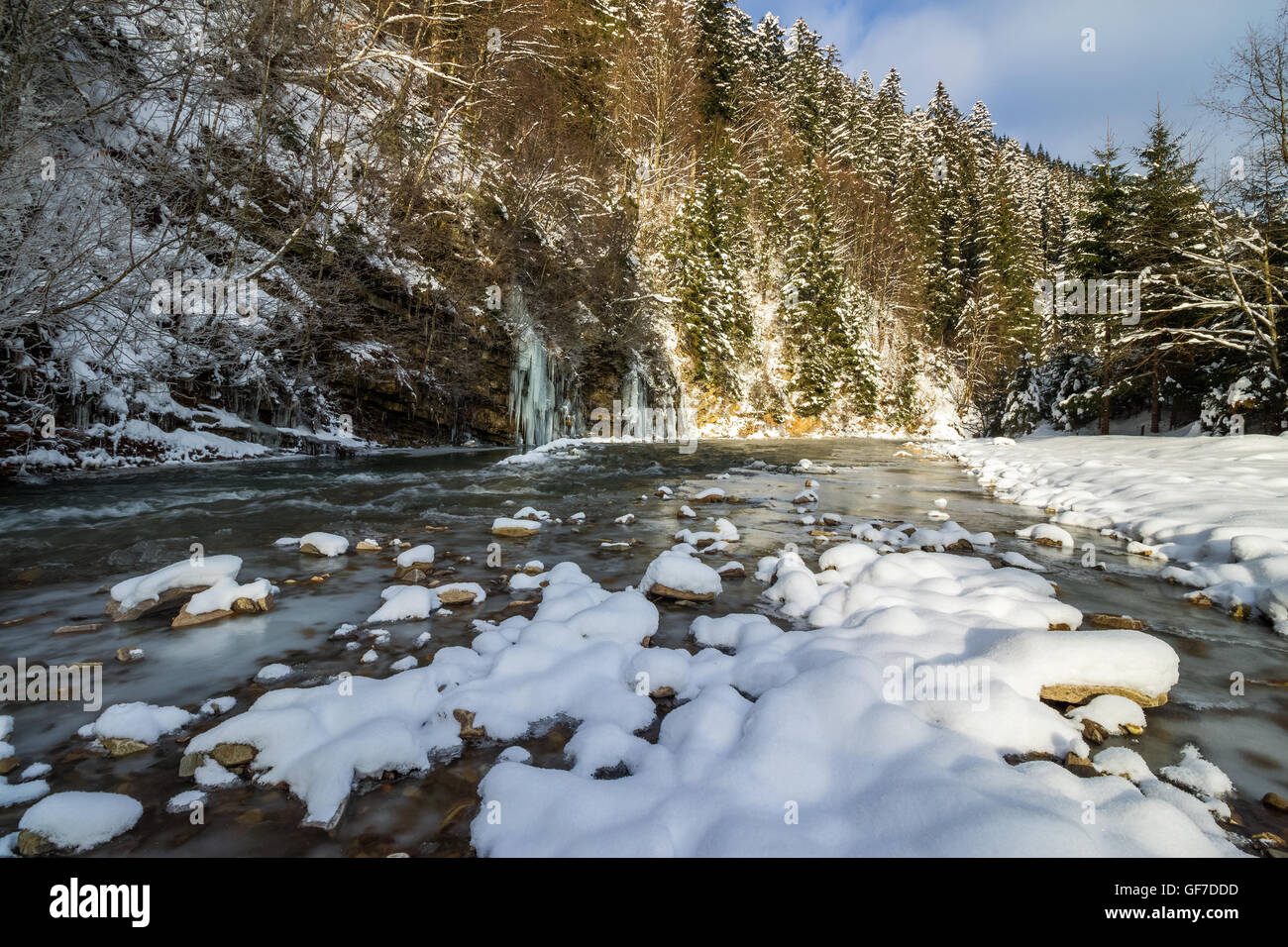 frozen waterfall on the river among forest with conifer trees and snow ...