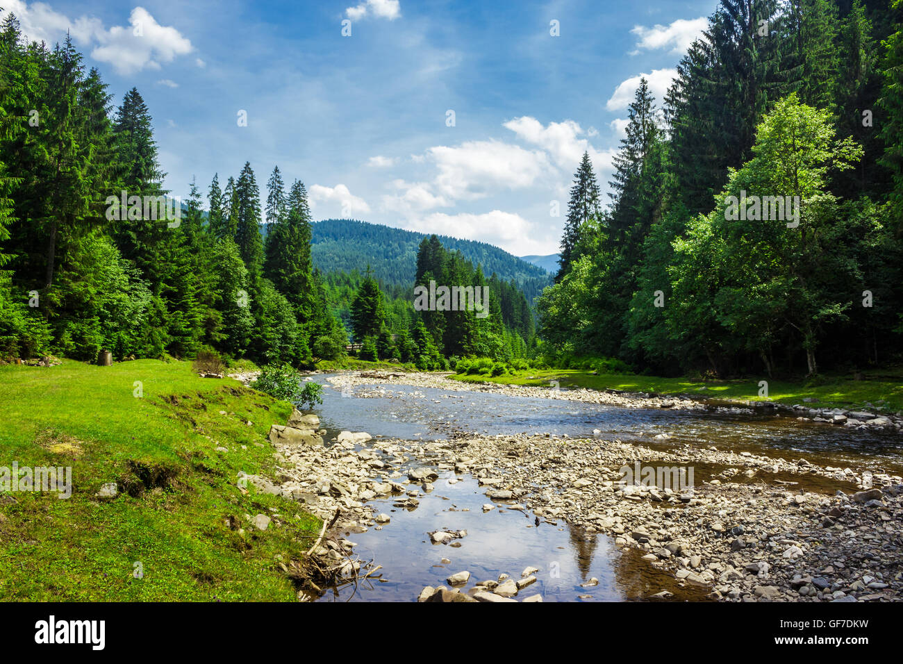 summer landscape with river flowing between green mountains through the ...