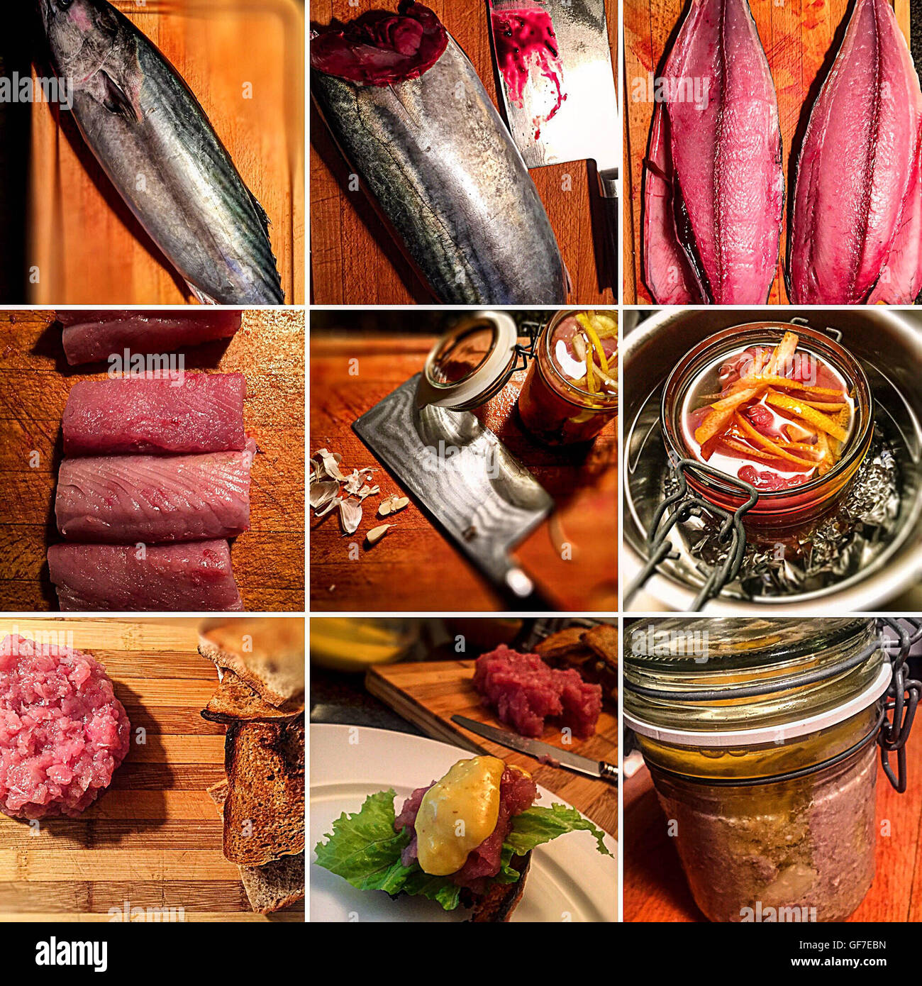 Tuna preparation process mozaic Stock Photo - Alamy