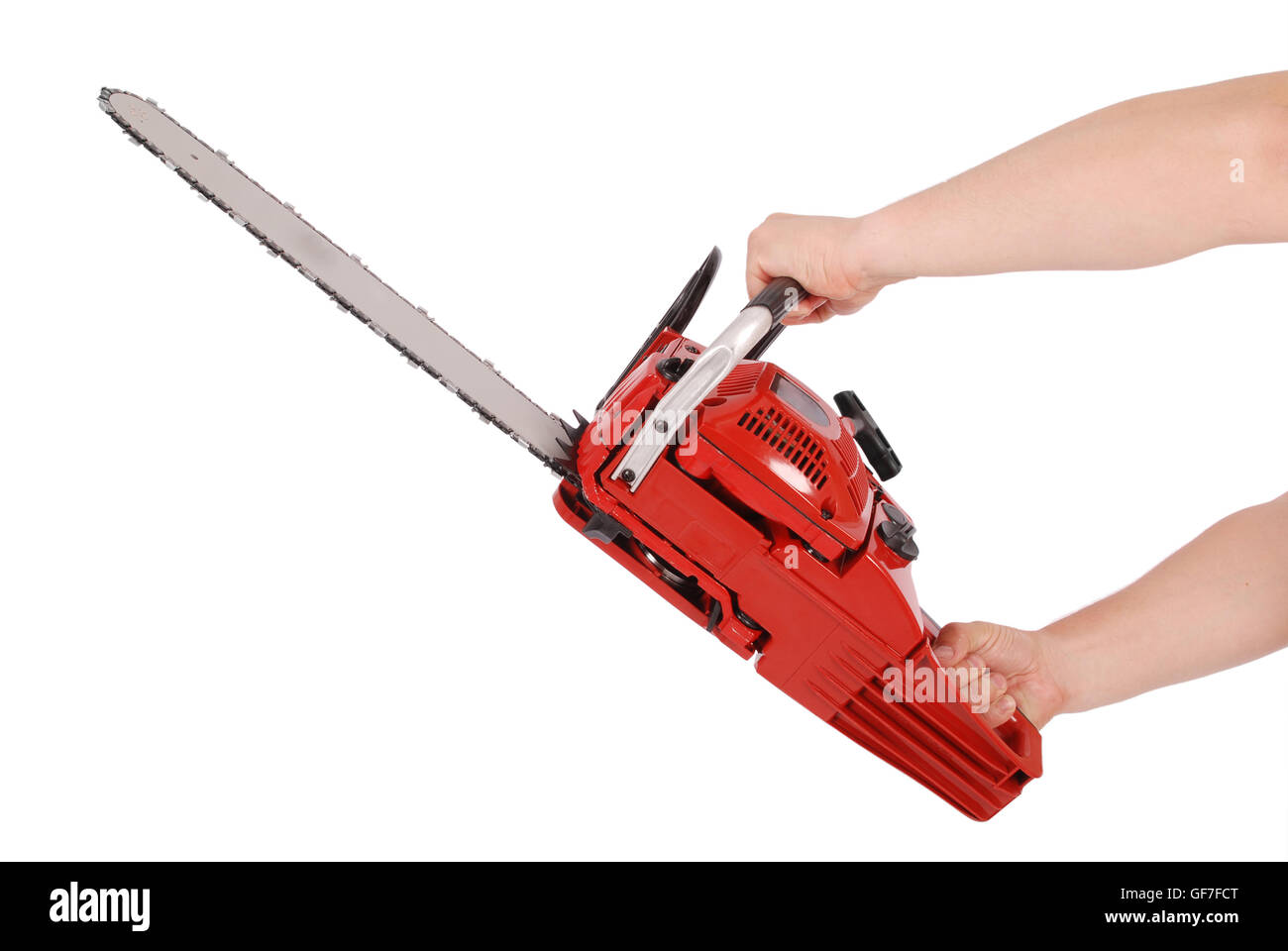 Showing how to work with chainsaw isolated on white Stock Photo - Alamy
