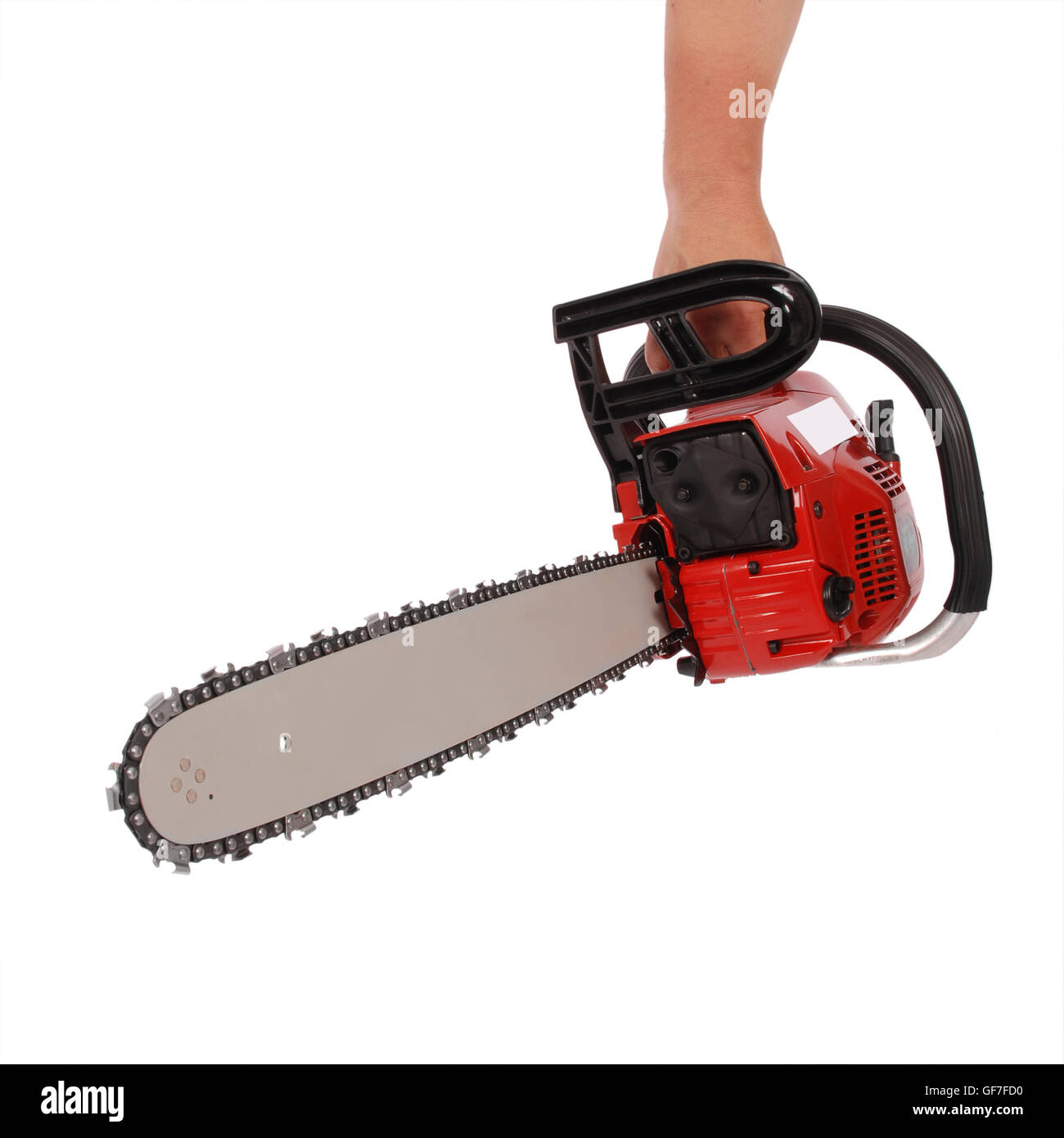 By one hand holding a chainsaw isolated on white Stock Photo - Alamy