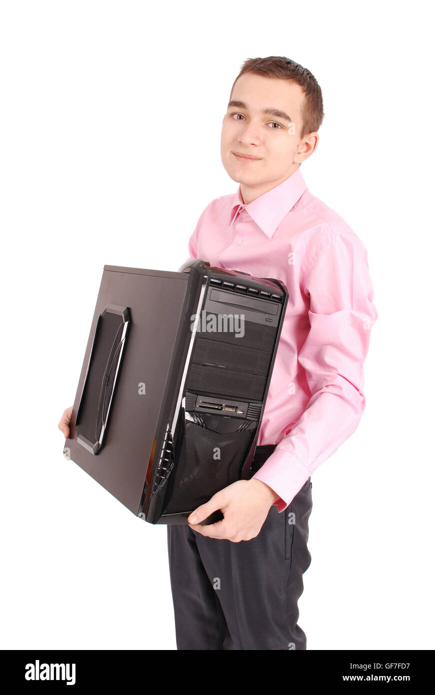 Young man holding a pc white background with soft shadow Stock Photo ...