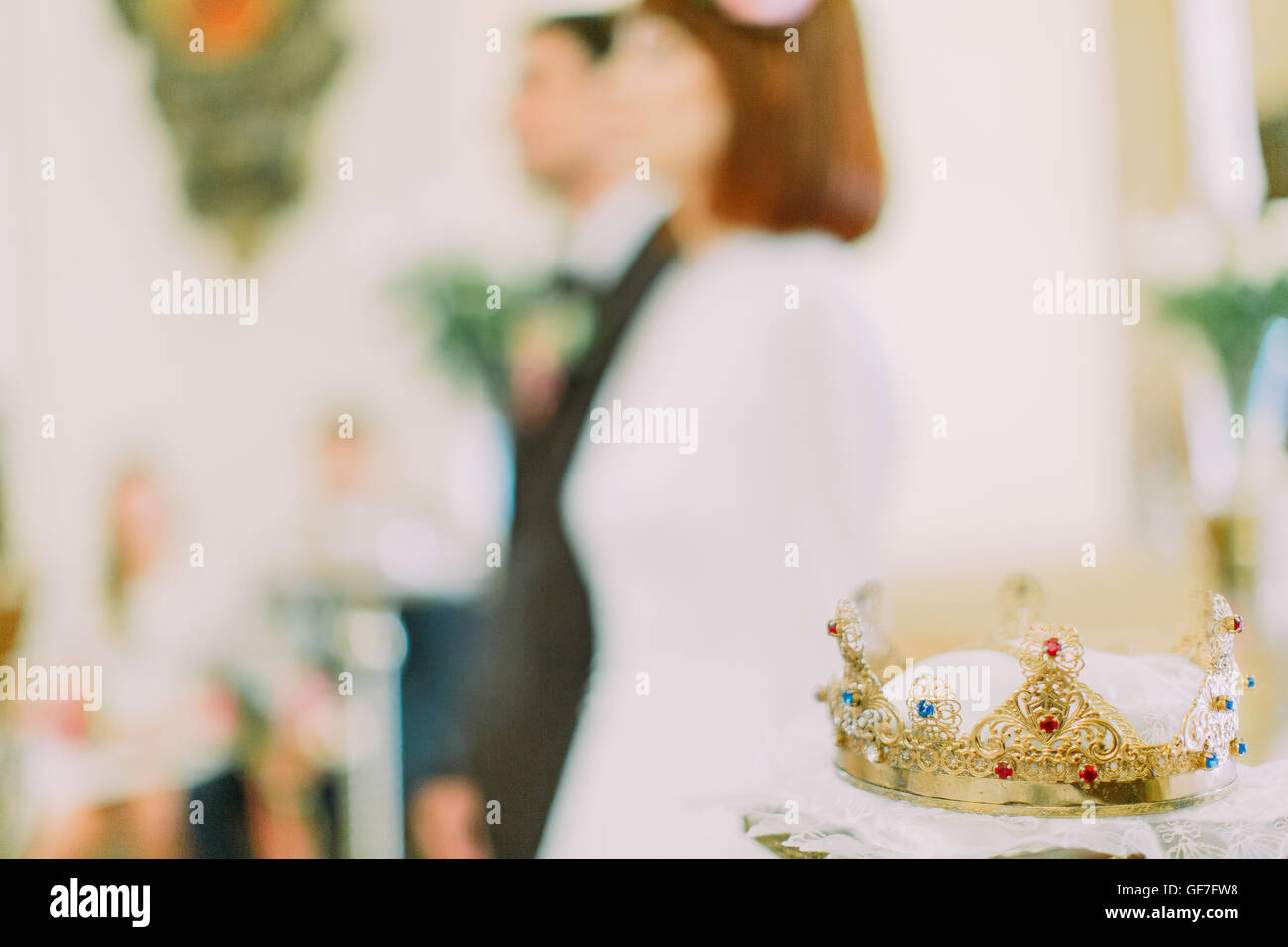 Close-up of crown for Wedding in Orthodox church, blurred married ...