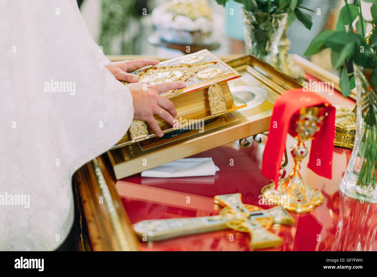 Pastor reads bible during wedding ceremony in Orthodox Church Stock ...