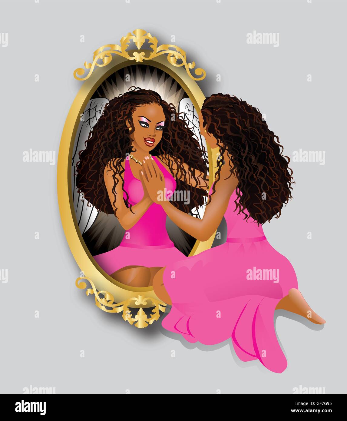 Vector Illustration of a woman seeing her reflection with confidence ...