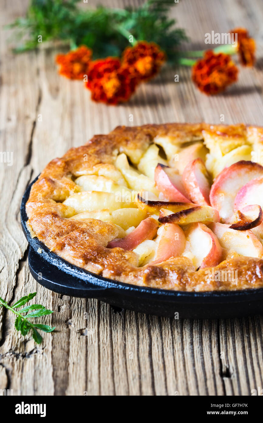 Homemade apple pie cooked in a frying pan and ripe apples on rustic ...