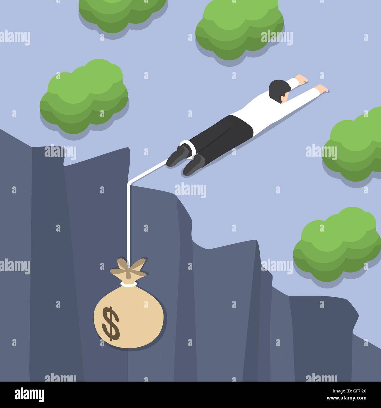 Isometric businessman holding on the cliff edge with money bag tied on ...