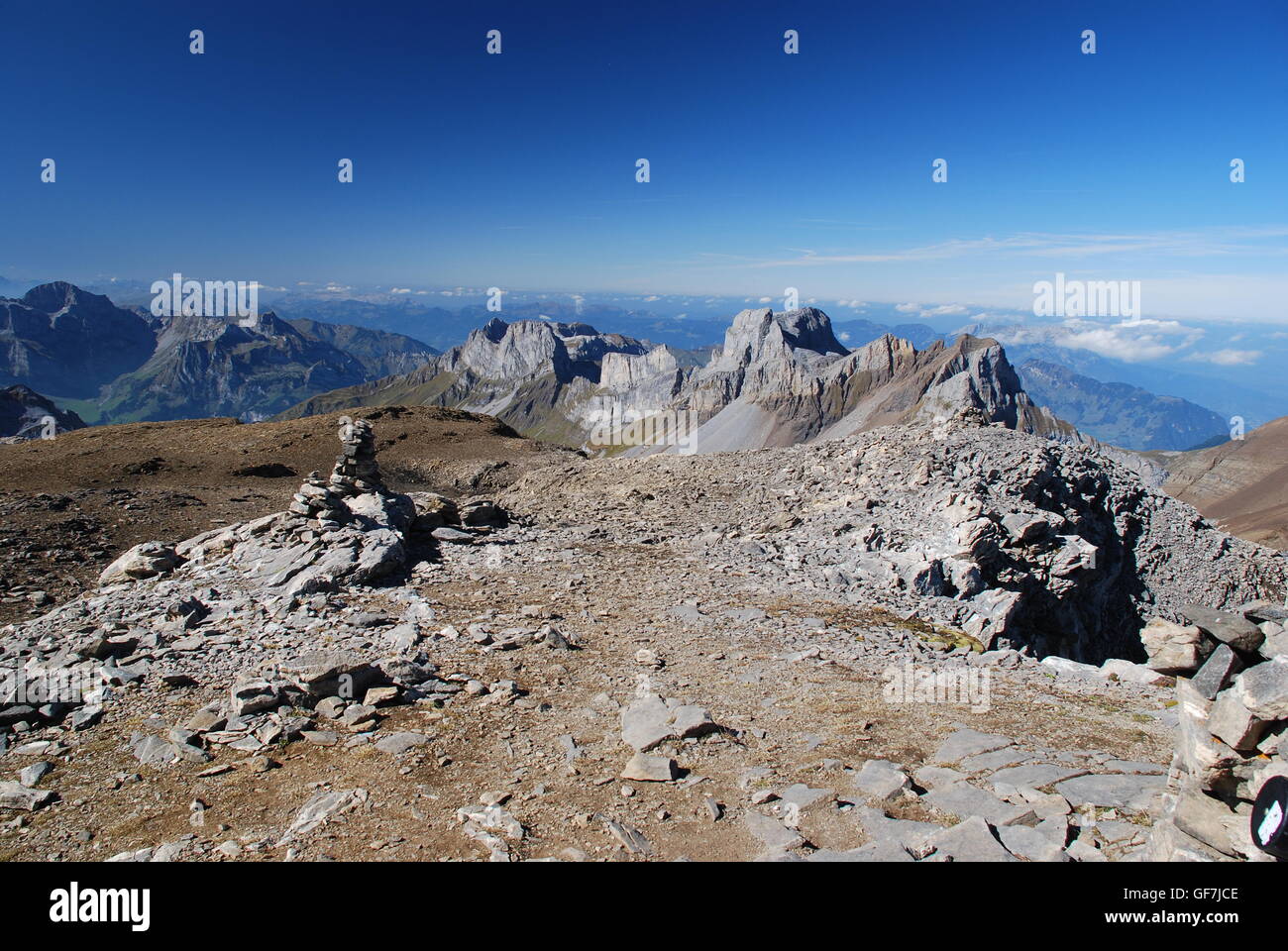 Panorama, Swiss alps, rock foreground, rocks, mountain, peaks, blue sky ...