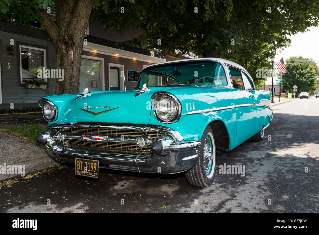Moravia, New York - June 2016. Old classic aqua Chevy parked in the ...