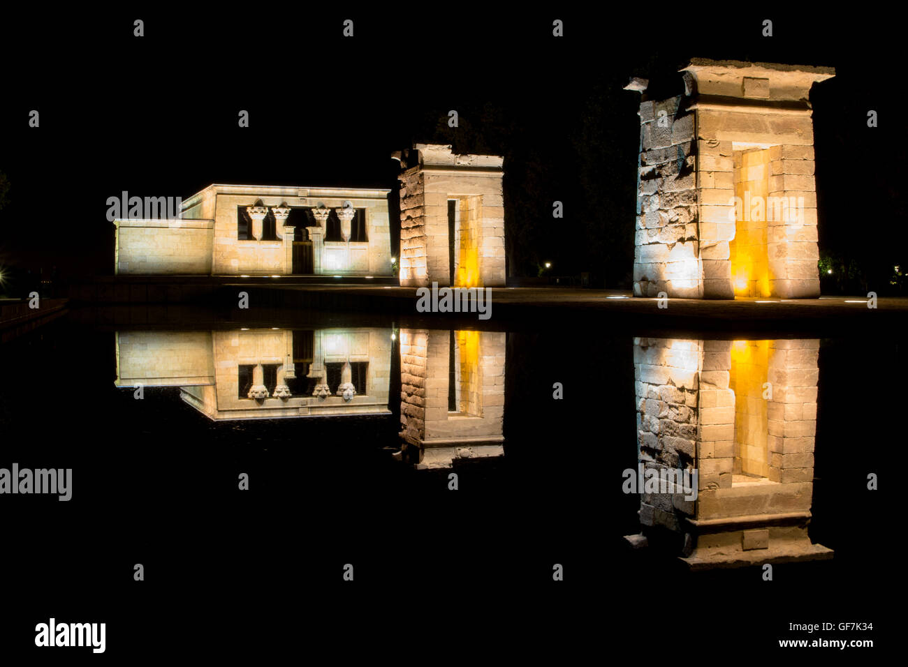 Illuminated Reflections Of Egyptian Temple of Debod At Night Stock ...
