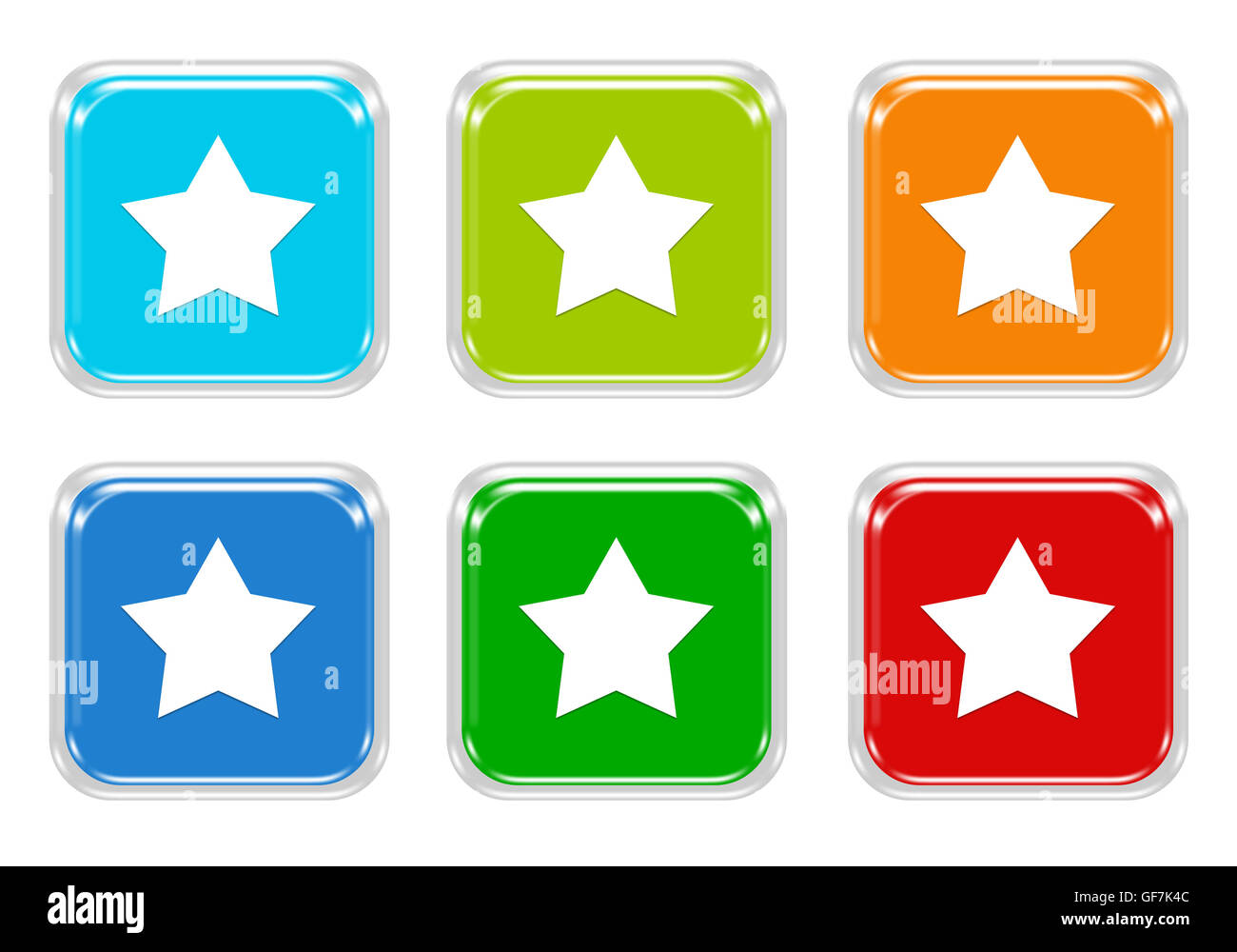 Set of squared colorful buttons with star symbol in blue, green, yellow ...