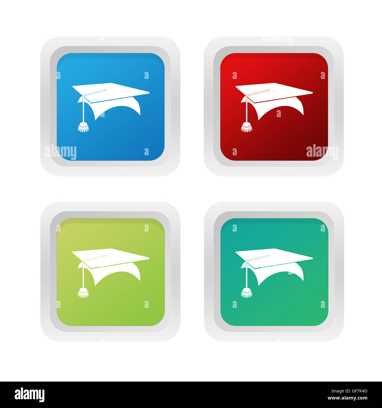 Set of squared colorful buttons with graduation symbol in blue, green ...