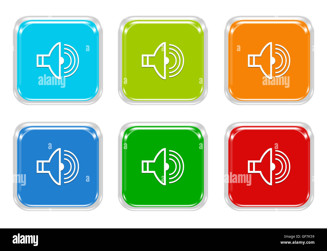 Set of squared colorful buttons with speaker symbol in blue, green, red ...