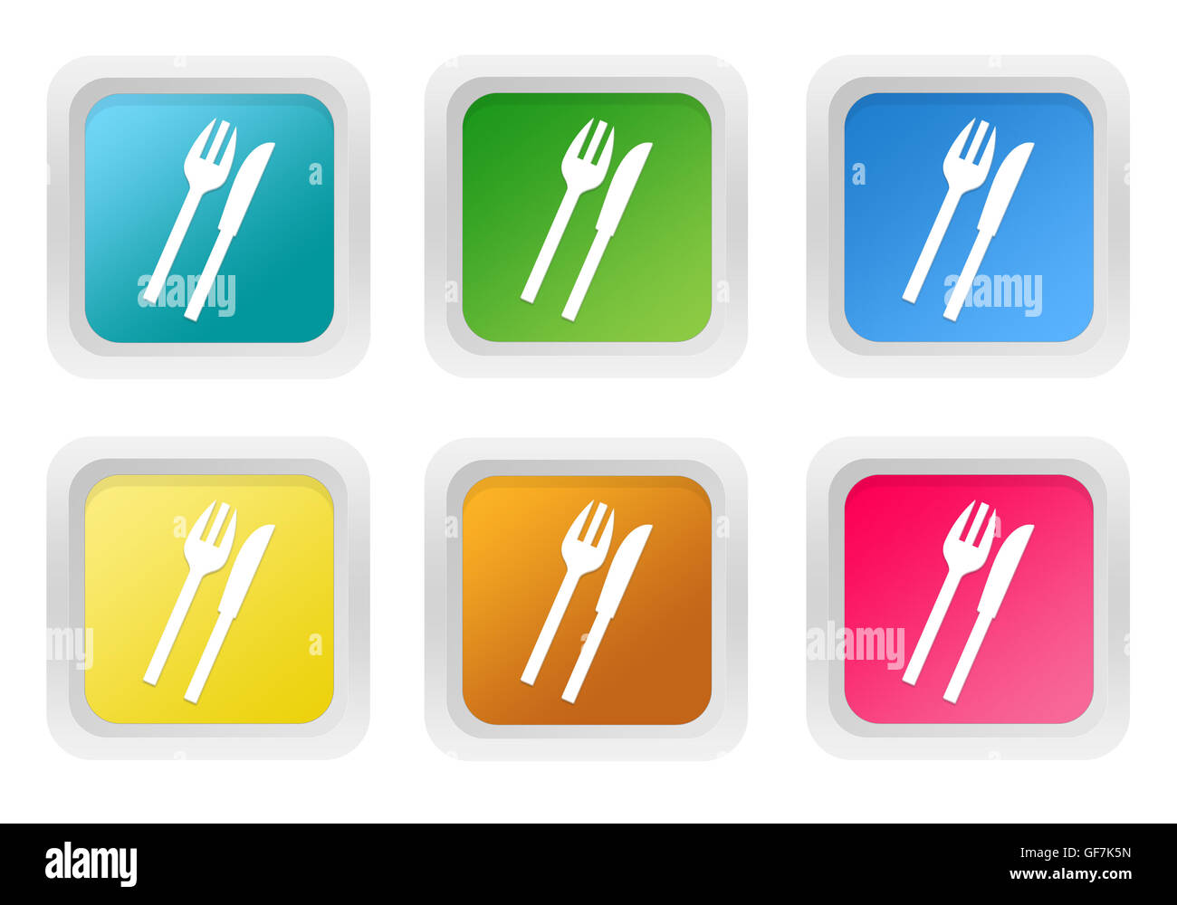 Set of squared colorful buttons with restaurant symbol in blue, green ...
