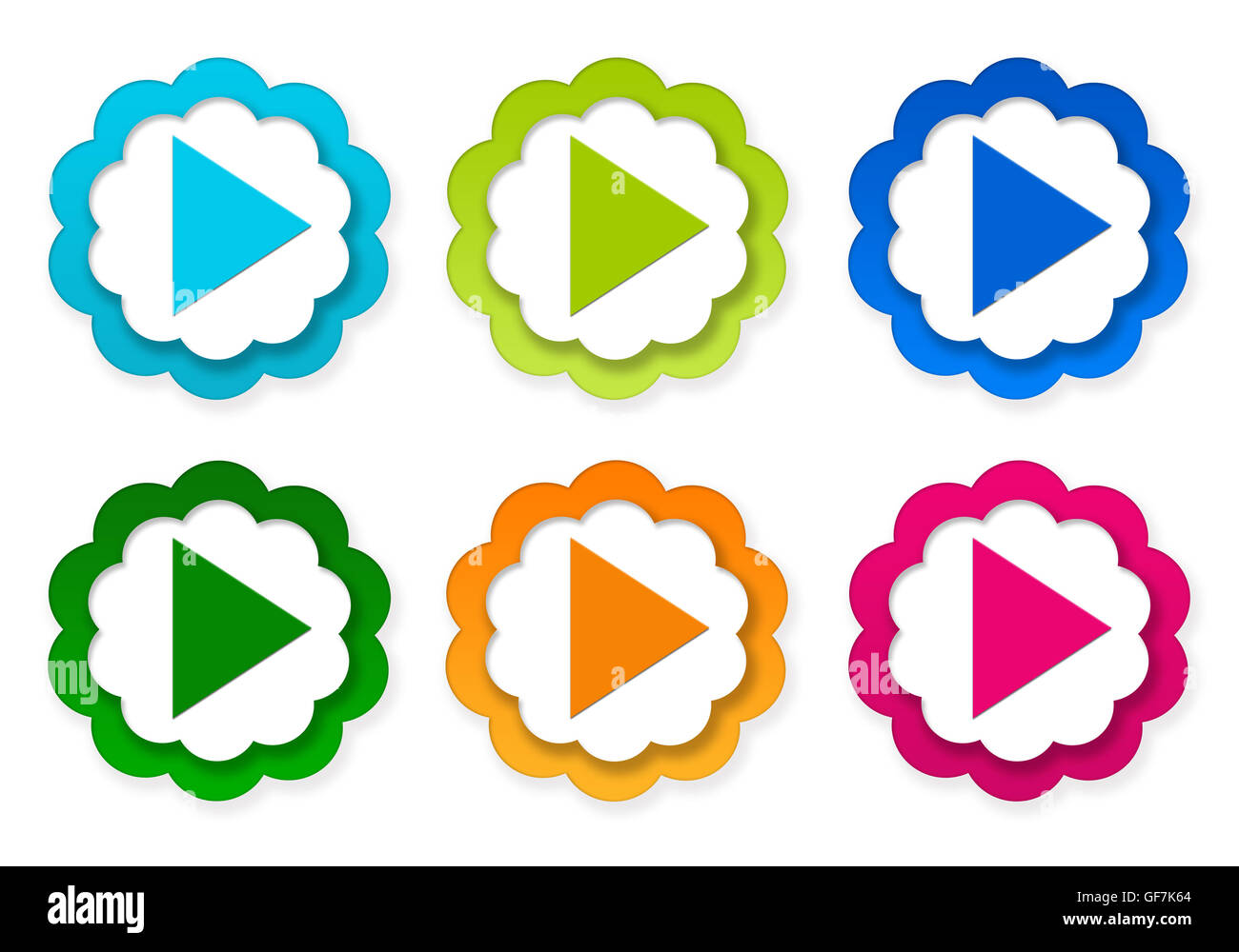 Set of colorful stickers icons with play symbol in blue, green, pink ...