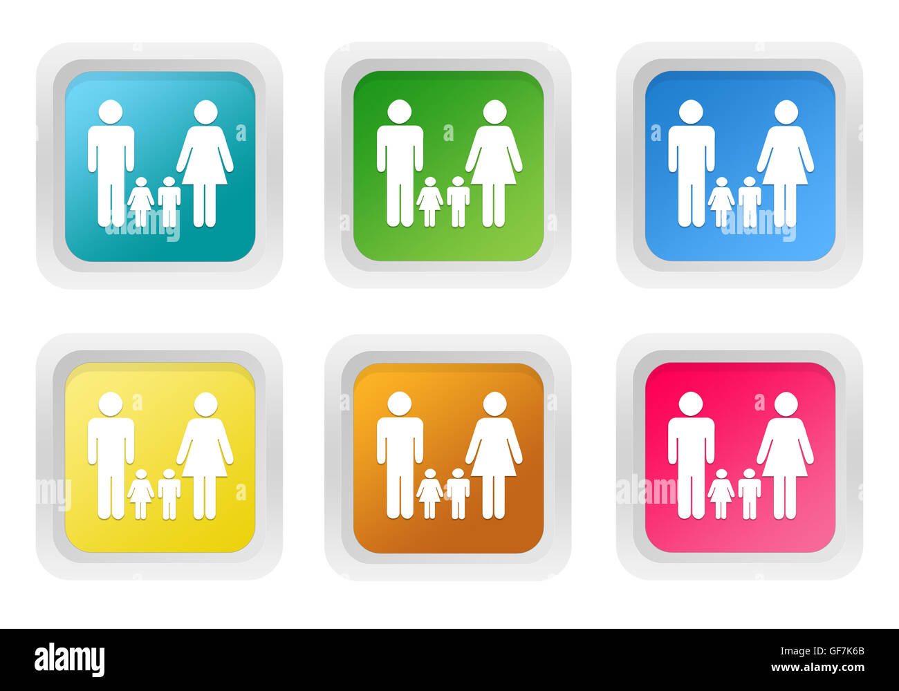 Set of squared colorful buttons with family symbol in blue, green ...