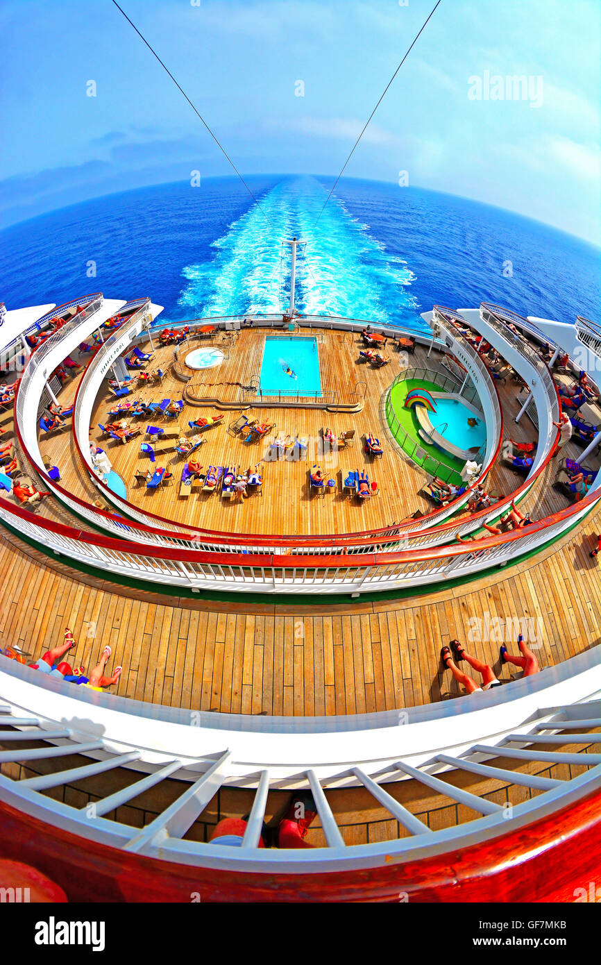 P&O cruise ship Aurora aft terrace pool in the Mediterranean sea Stock ...