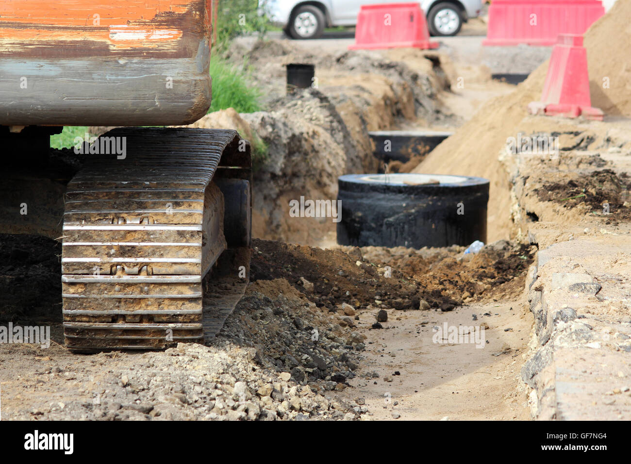 two storm drains, during repair work on the road in the Leningrad ...