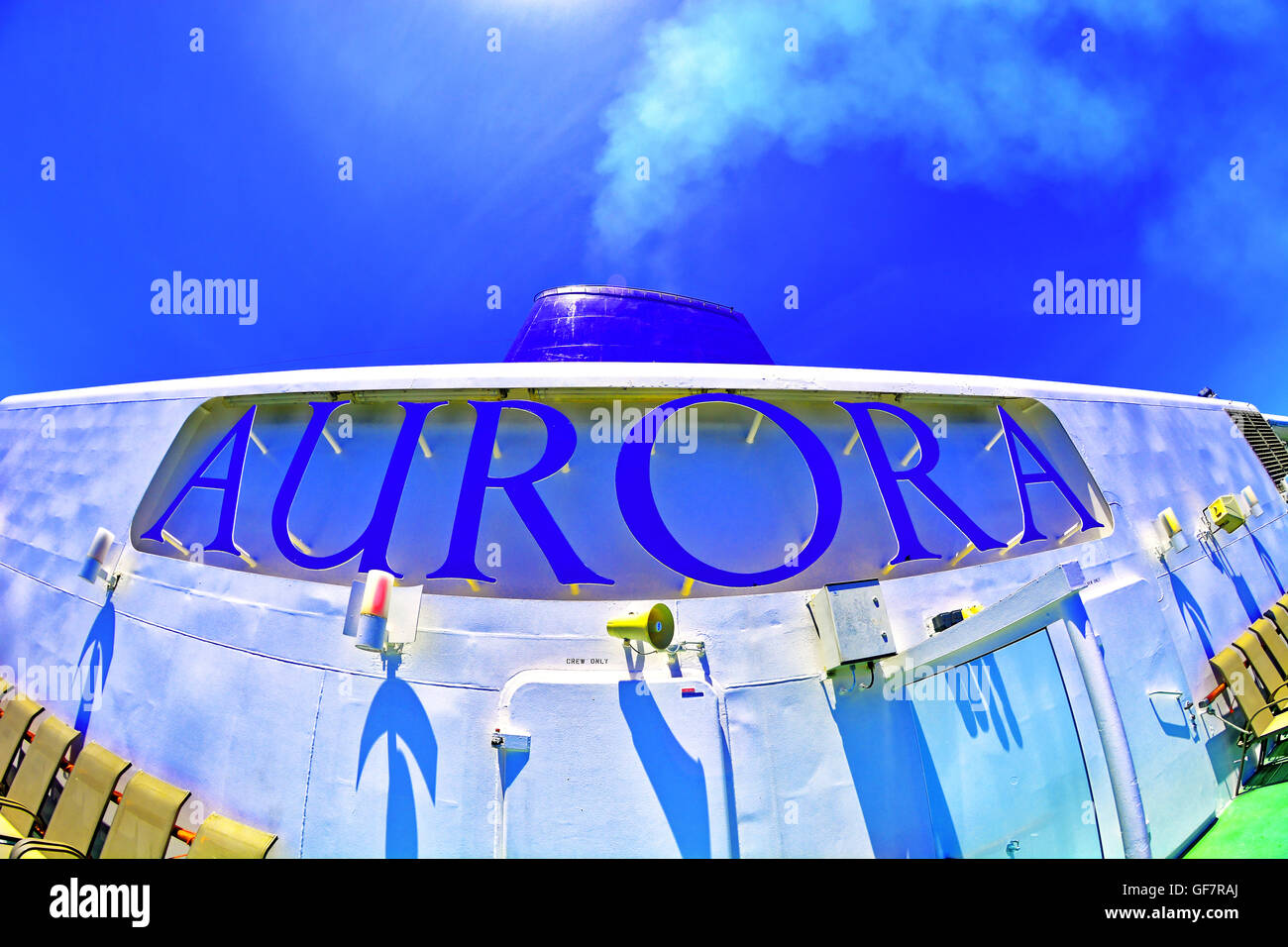P&O cruise ship Aurora nameplate and funnel Stock Photo - Alamy