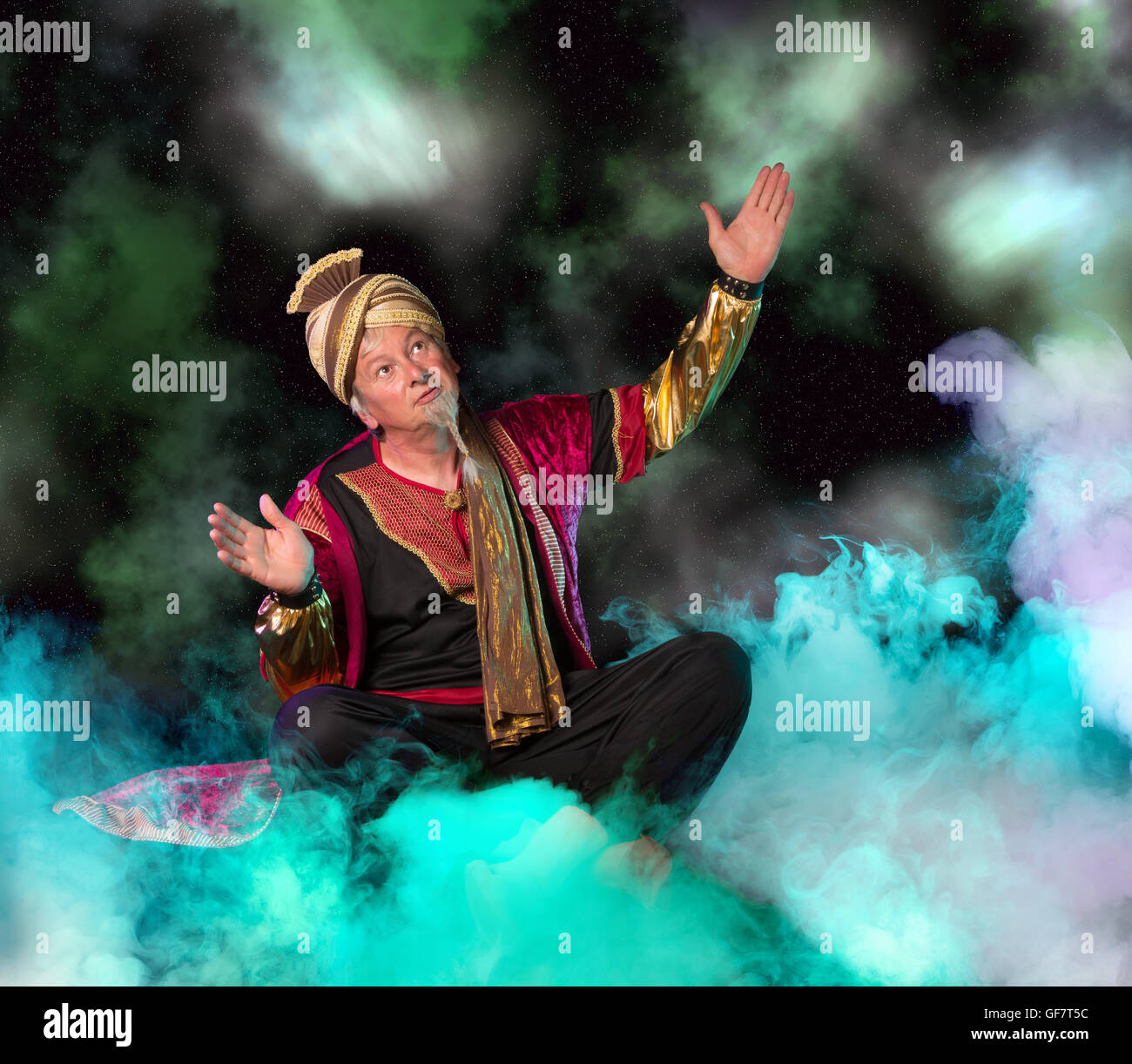 Arabian Genie floating on clouds and bringing treasures and fortune ...