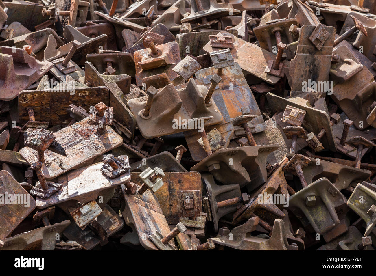 Scrap rusty iron railway track parts at the Didcot Railway Centre in ...