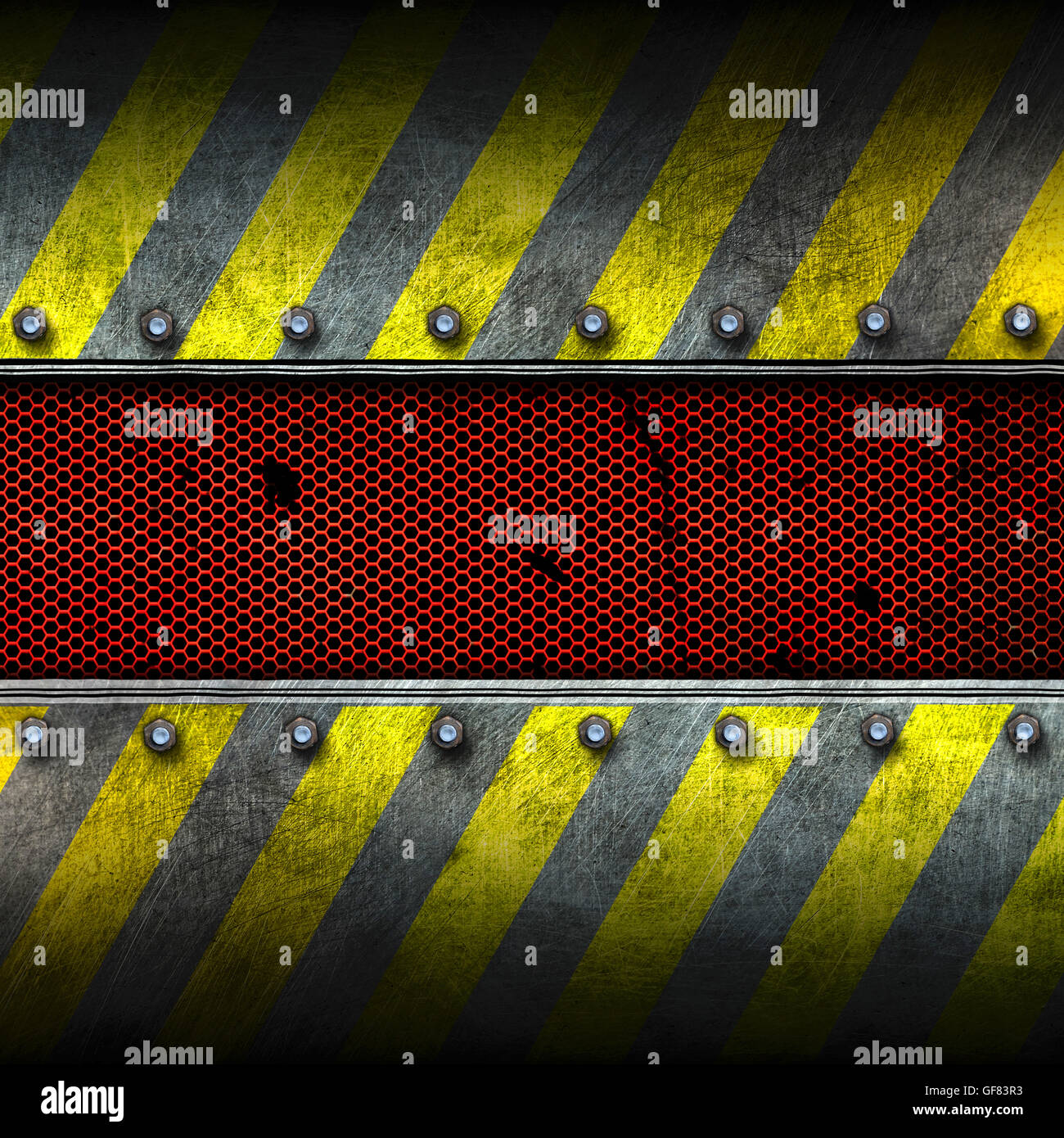 grunge metal and red mesh with yellow painted. safety zone. 3d ...