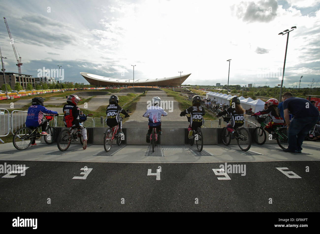 Competitors lined-up at the start of a BMX race at the Prudential ...