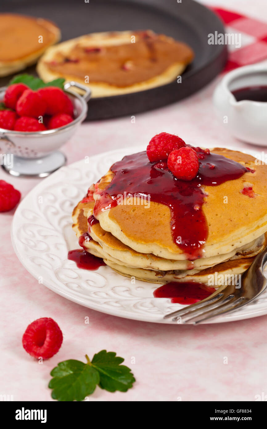 Pancakes with Raspberry Sauce Stock Photo - Alamy