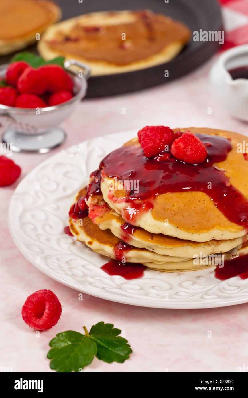 Pancakes with Raspberry Sauce Stock Photo - Alamy