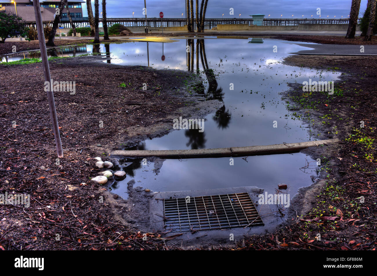 Rain puddle water flowing to the storm drain Stock Photo - Alamy