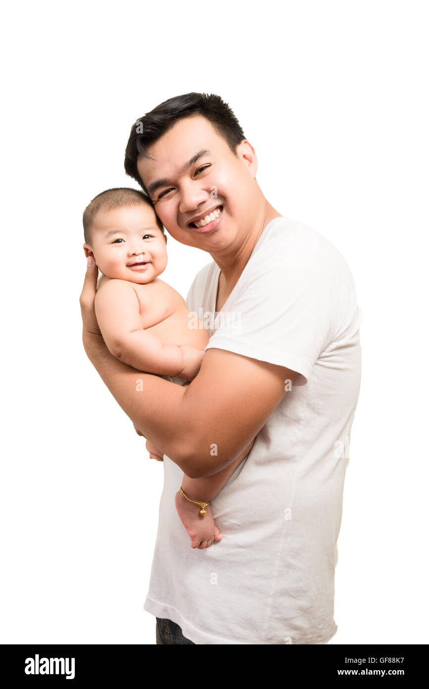 Happy Asian father and smile son isolated on white background Stock ...