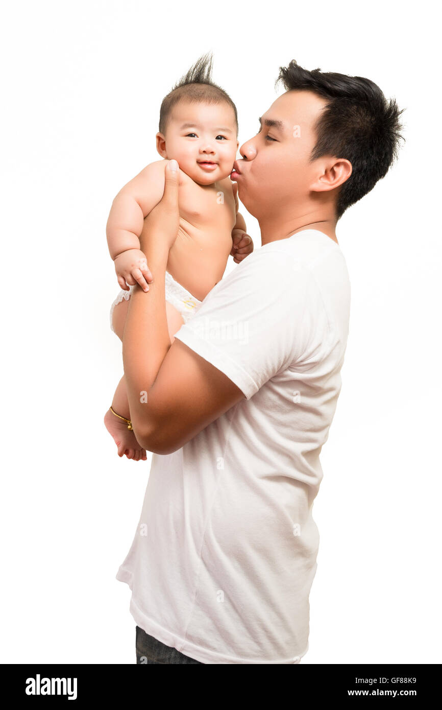 Happy Asian father and smile son isolated on white background Stock ...