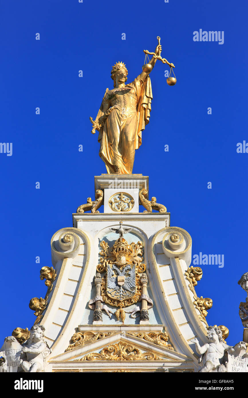 Close-up of a blindfolded Lady Justice (Justitia) on top of the Old ...