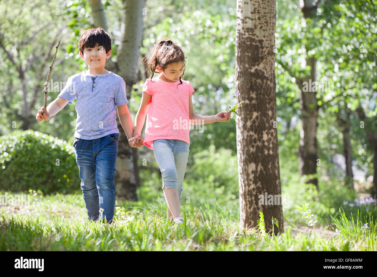 Happy Chinese children holding hands walking in woods Stock Photo - Alamy