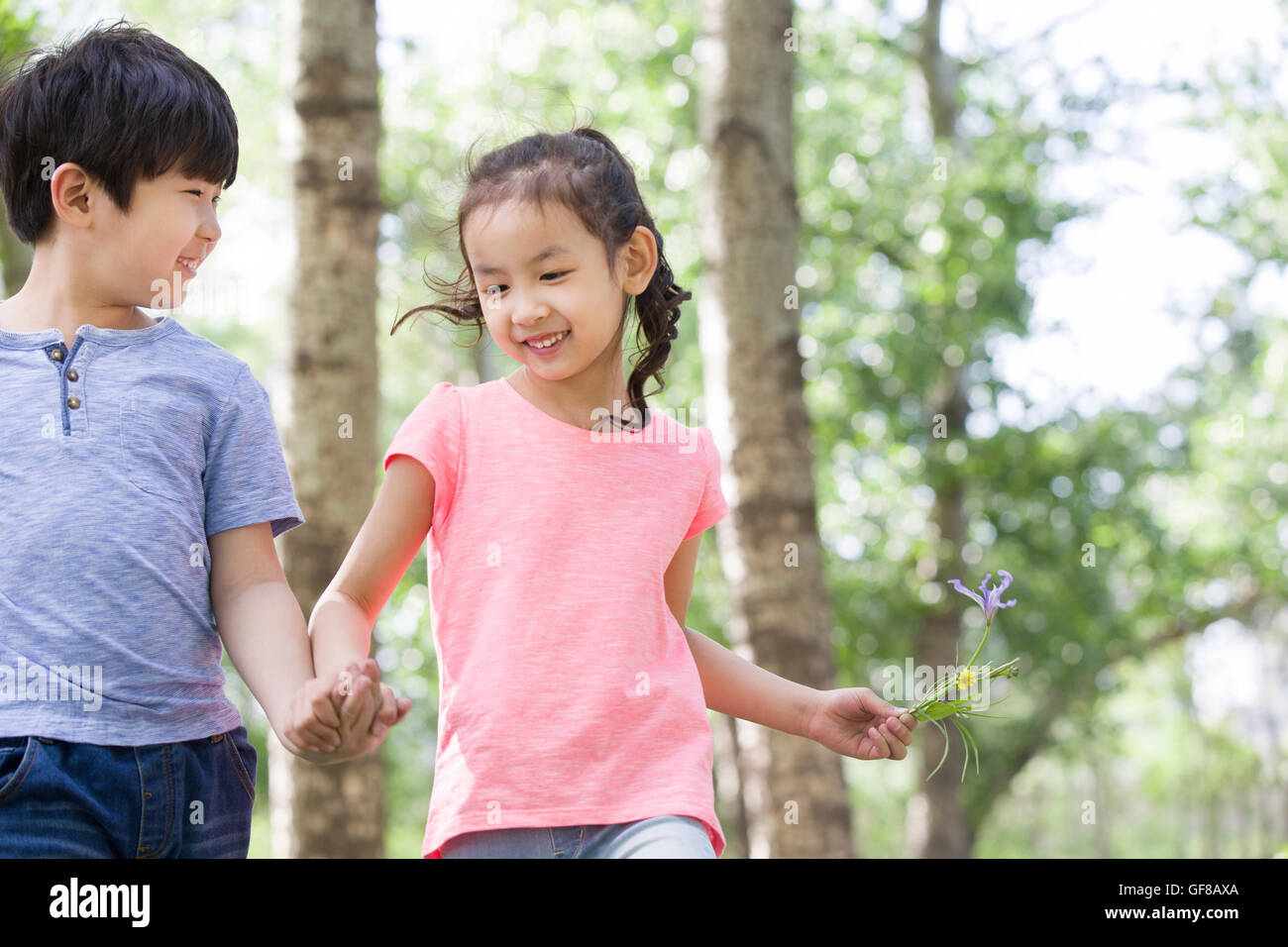 Happy Chinese children holding hands walking in woods Stock Photo - Alamy
