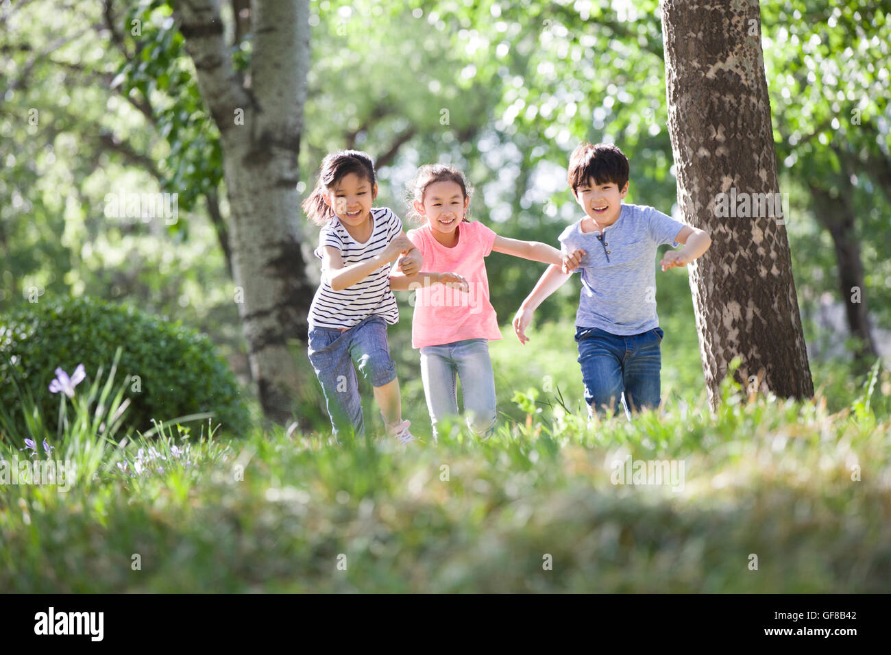 Happy Chinese children racing in woods Stock Photo - Alamy