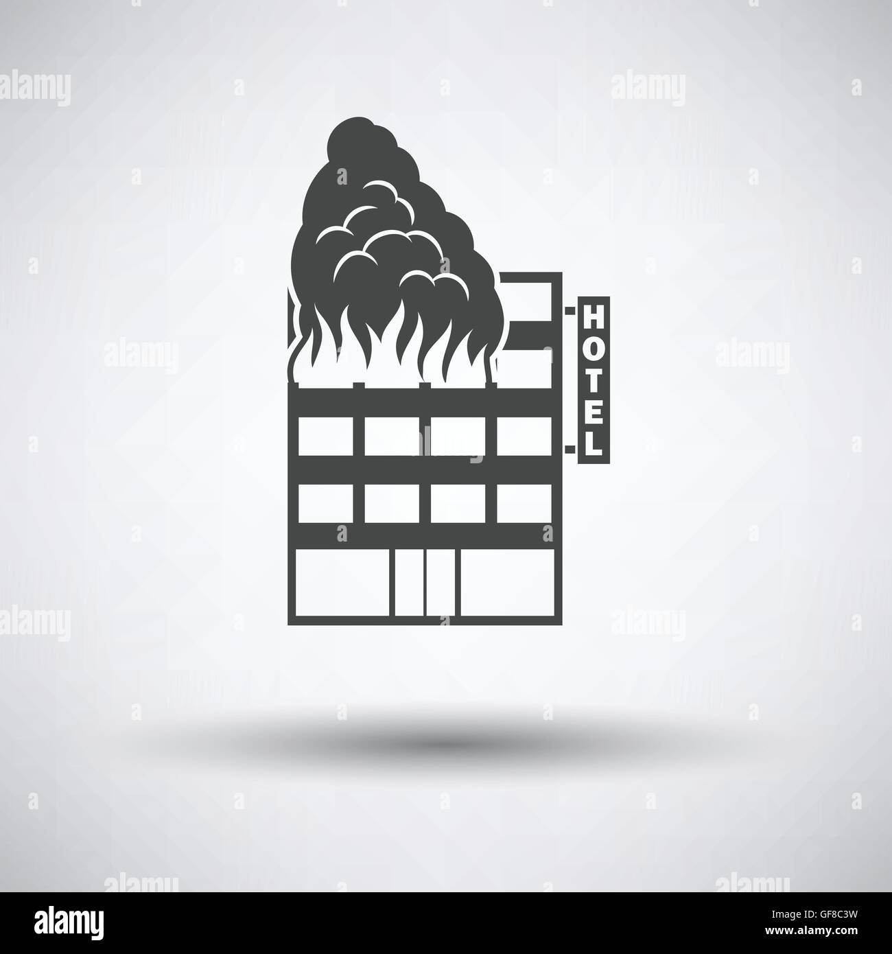 Hotel building in fire icon on gray background with round shadow ...