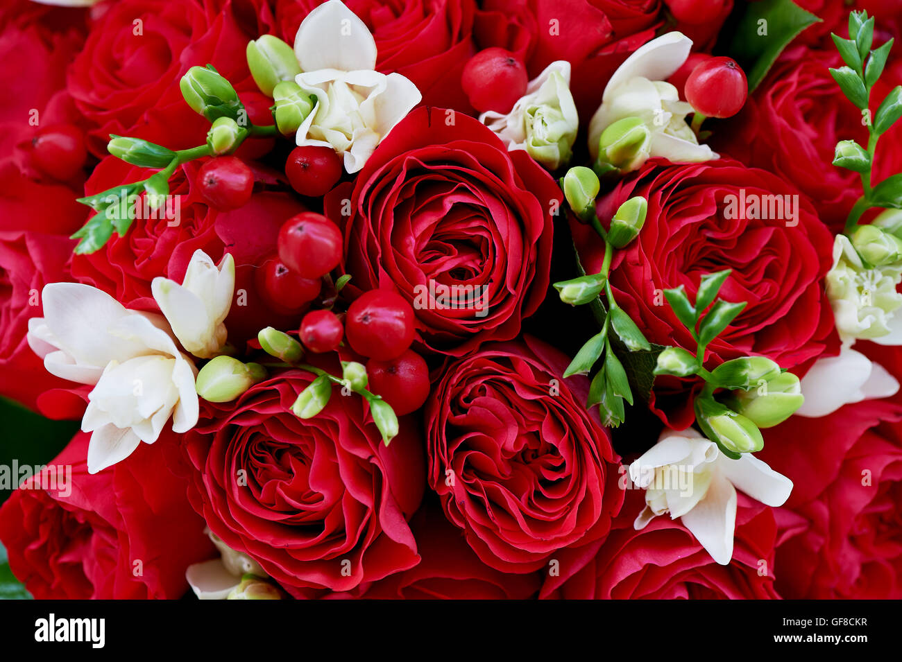 dense red bouquet of roses, with red berries and d cor. Close Stock ...