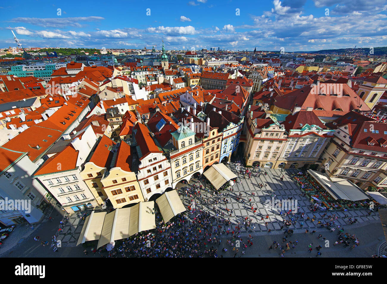 Aerial view of city skyline and the rooftops of buildings in Old Town ...