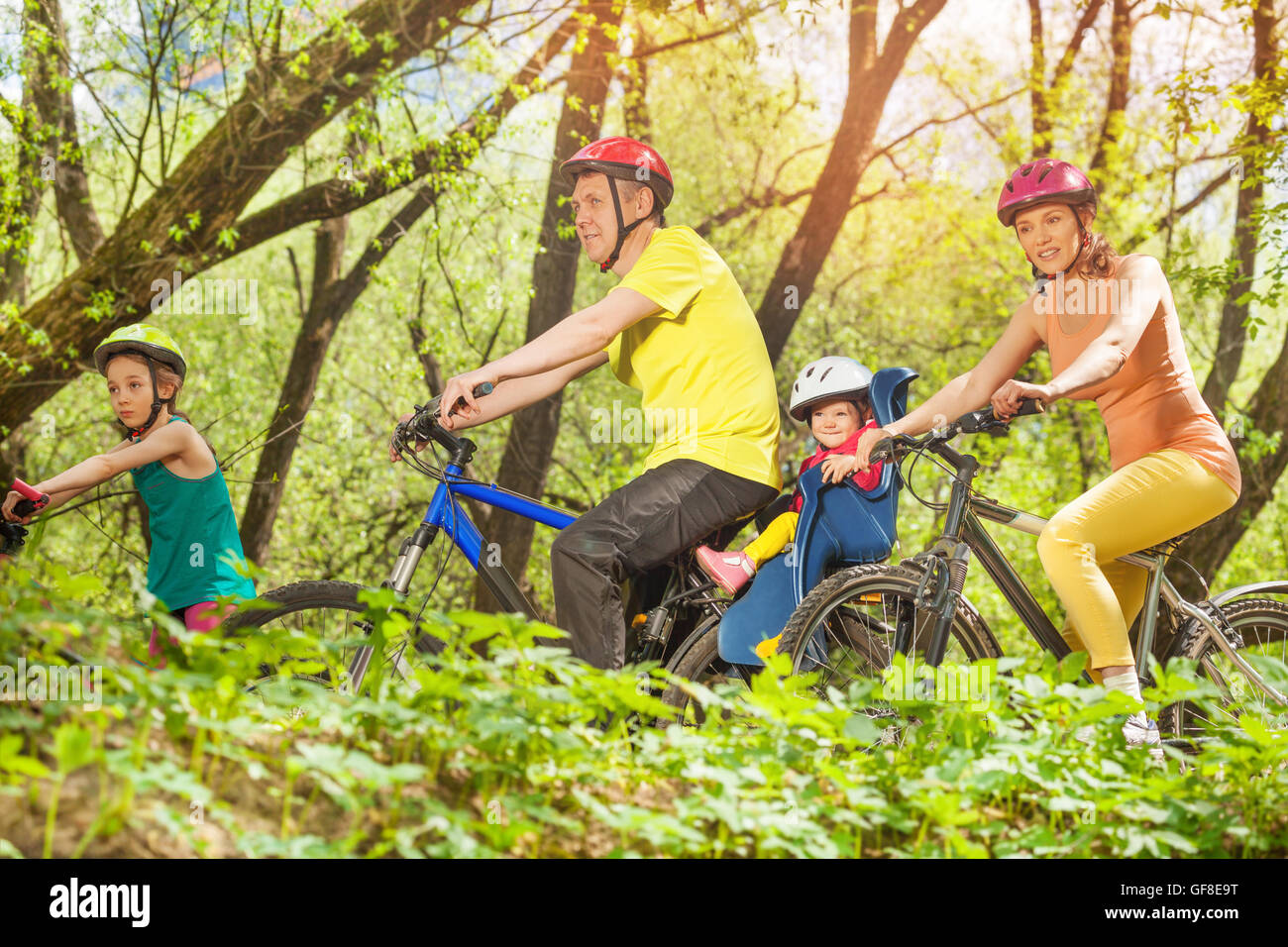 Sporty family running bikes in the sunny forest Stock Photo - Alamy