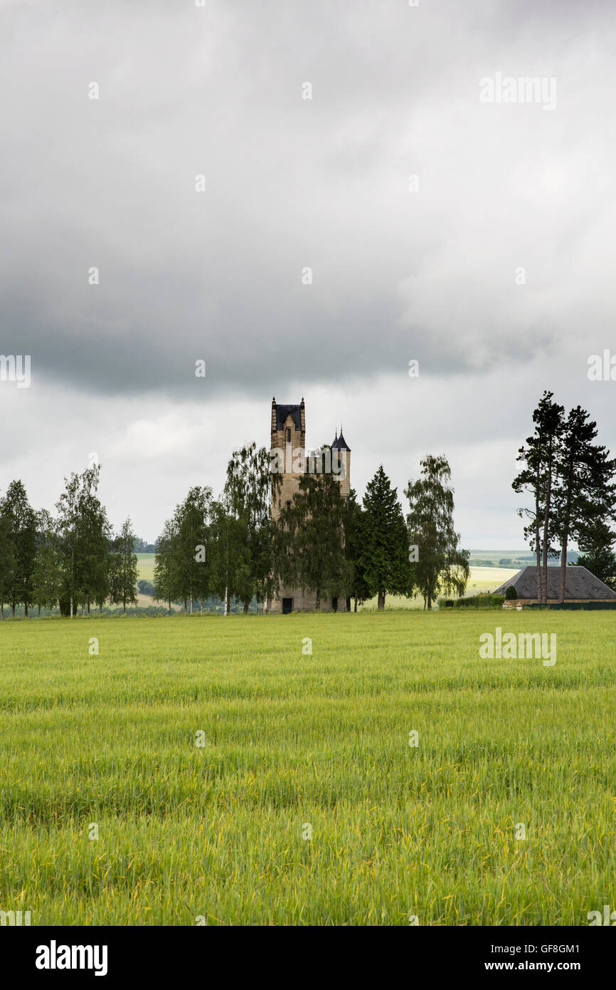 The Ulster Tower memorial on the Somme battlefield seen from Mill Road ...