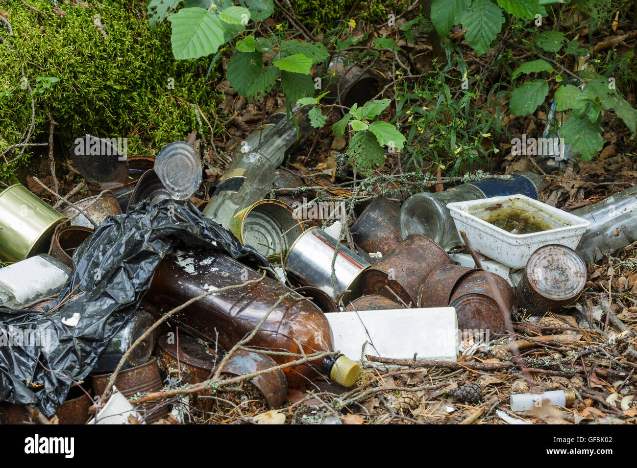 a pile of garbage in the bushes. Environmental pollution Stock Photo ...