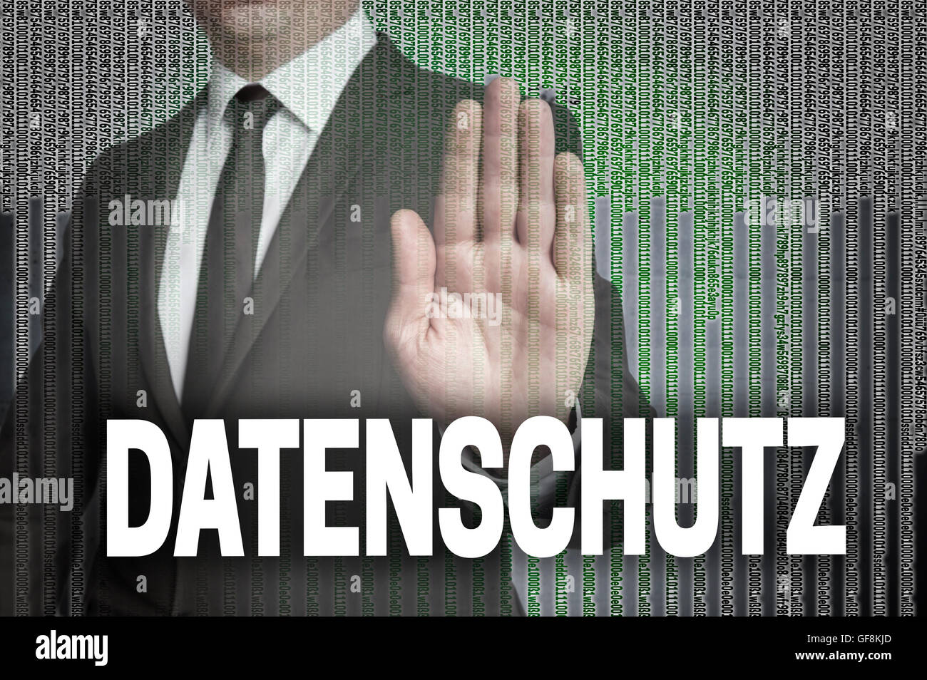 Hand stop Datenschutz (in german data protection) with matrix is shown ...